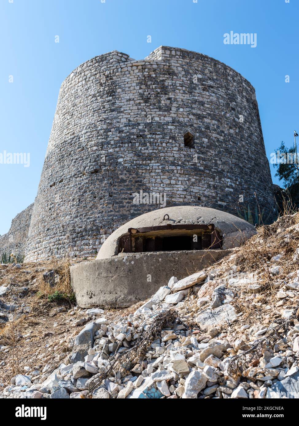 A military concrete bunker and Lekuresi castle at Saranda, Albania ...