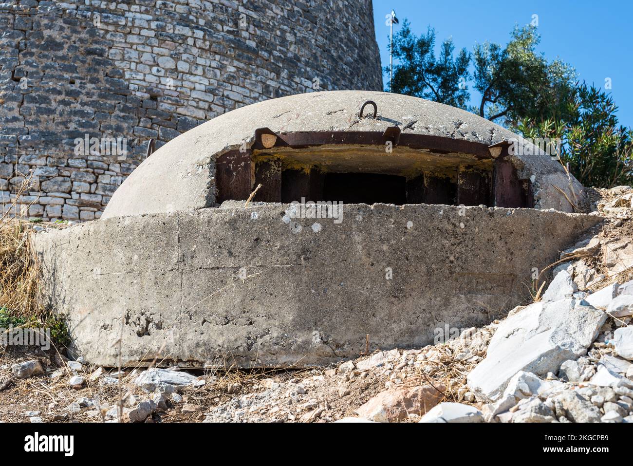 A close-up of a military concrete bunker or pillbox in southern Albania ...