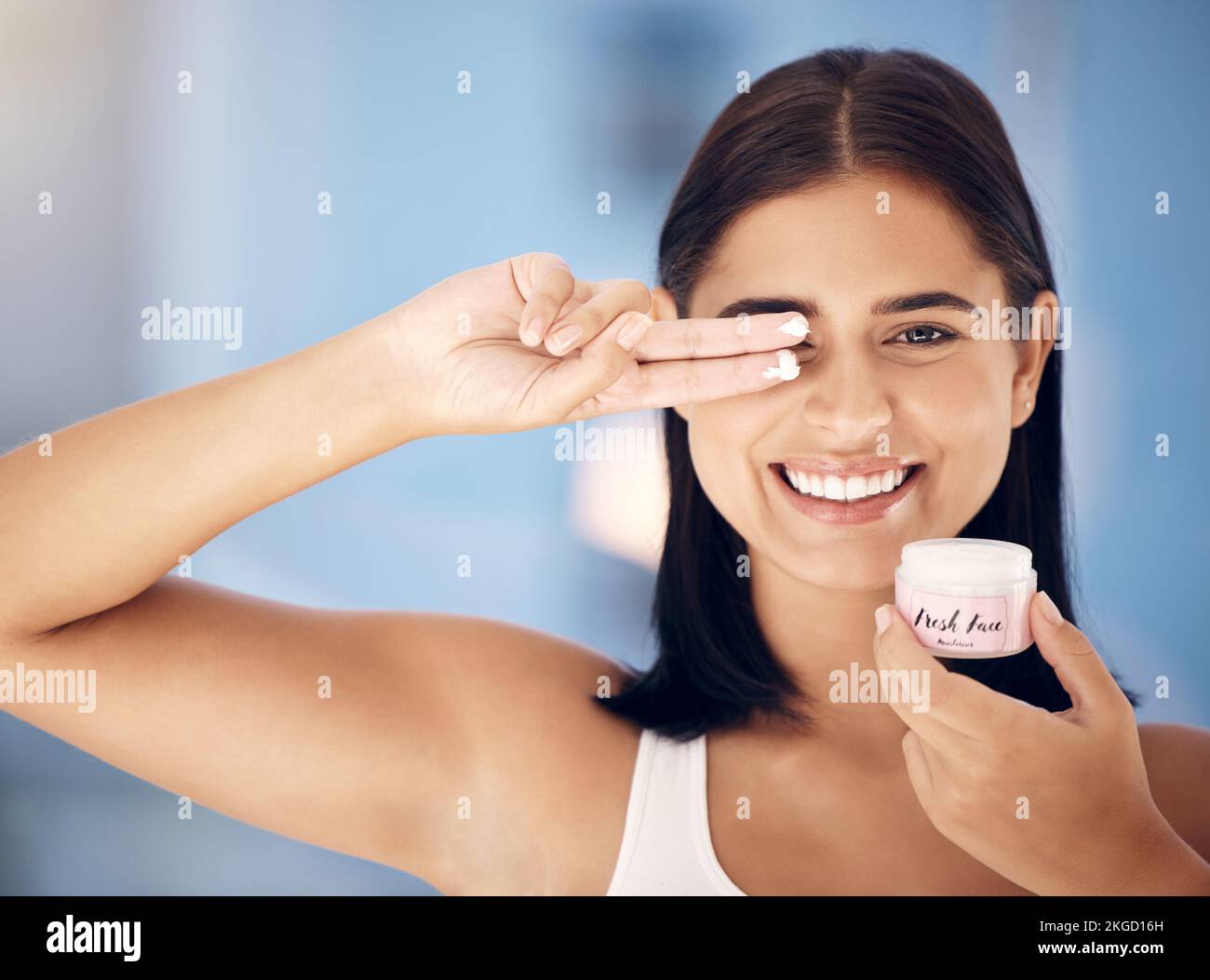 Skincare, beauty and woman with cream in bathroom for morning routine ...