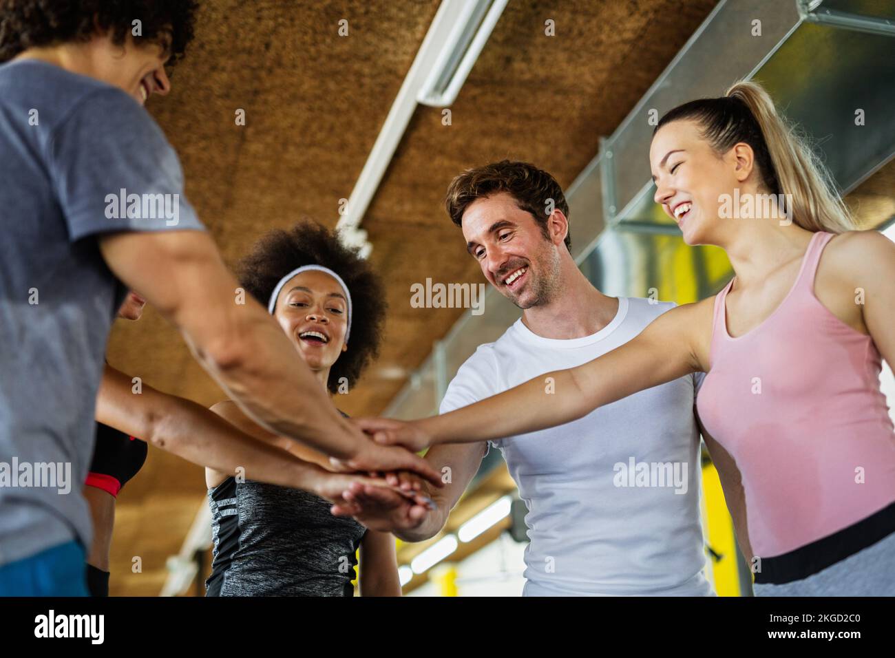Fitness, sport, people and lifestyle concept. Group of smiling people ...