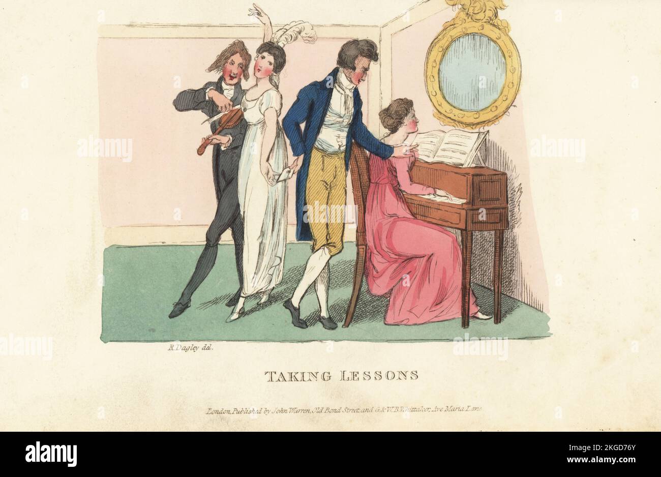 English gentleman at a music lesson, Regency era. A lady in plumed ...