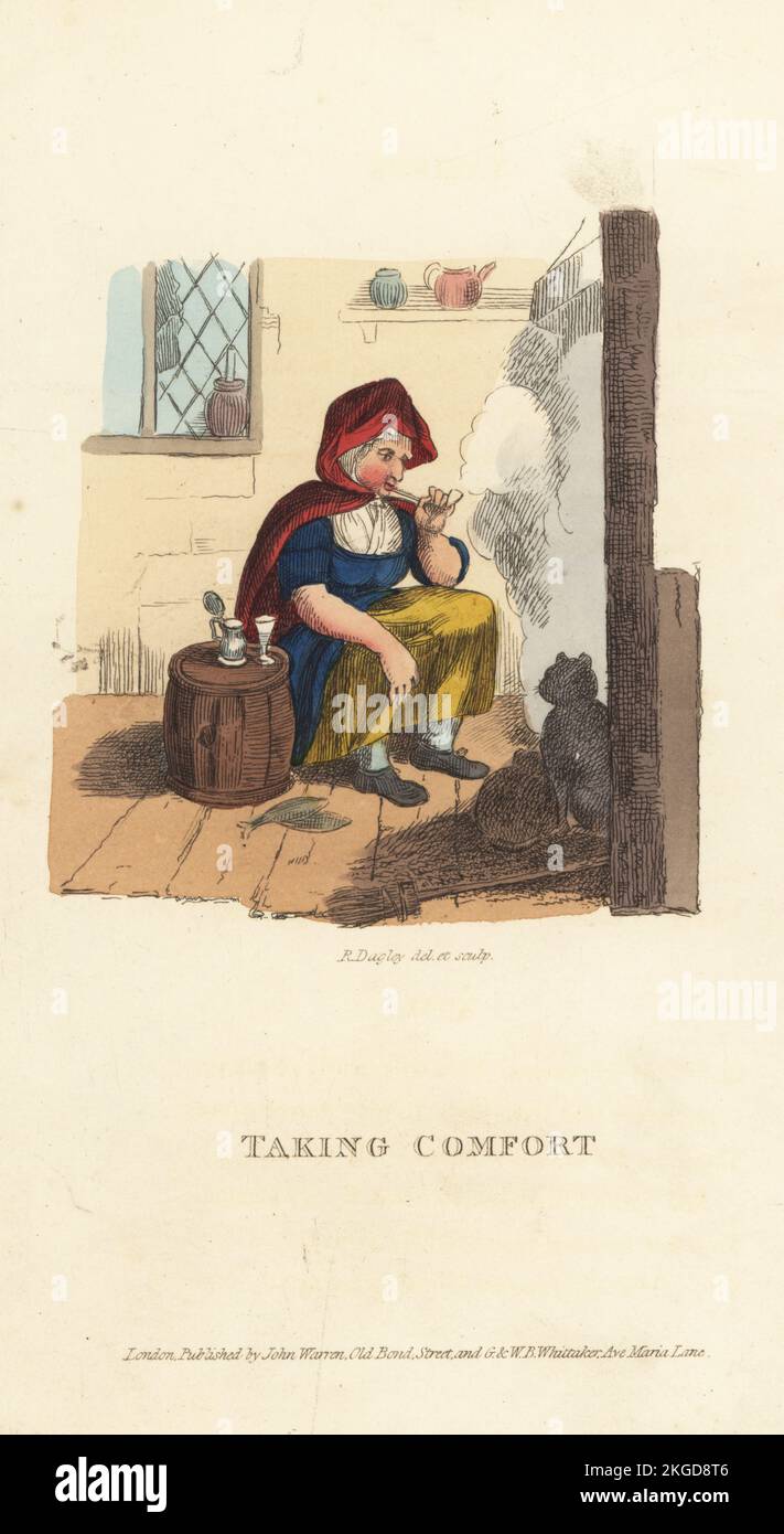 An old basket-weaver woman at the hearth in a garret, Regency era. She ...