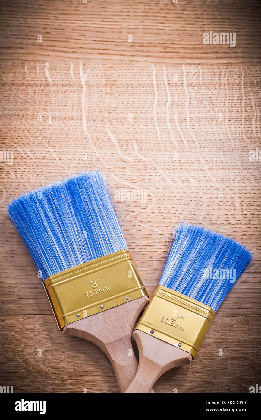aerial view two paint brushes and organized copyspace on wooden board ...