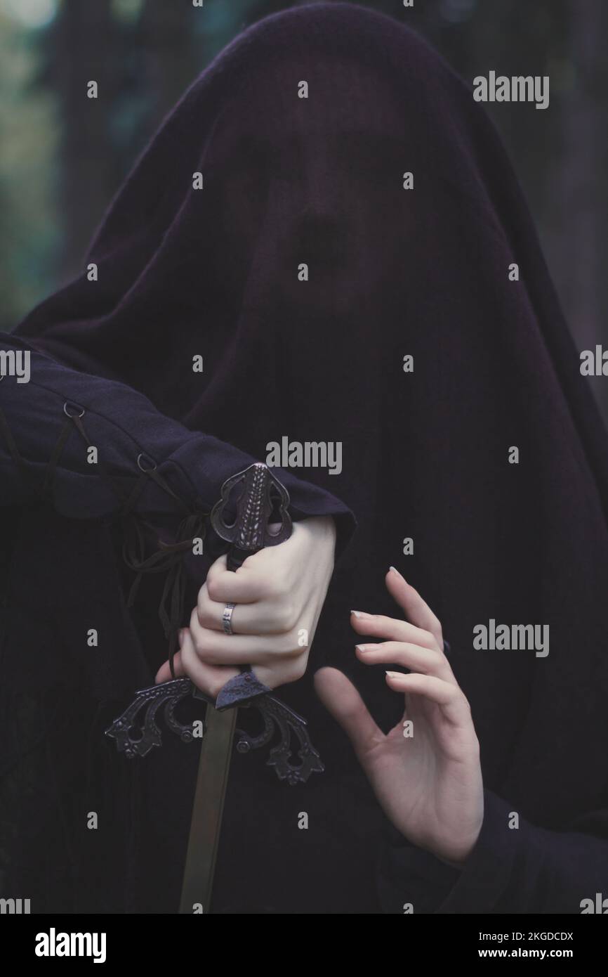 Close up lady with black veil with sword portrait picture Stock Photo ...