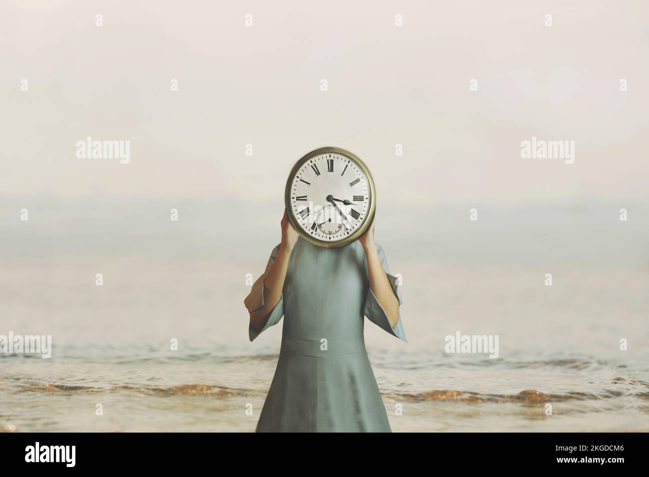 surreal woman with clock in place of face checks time pass Stock Photo ...