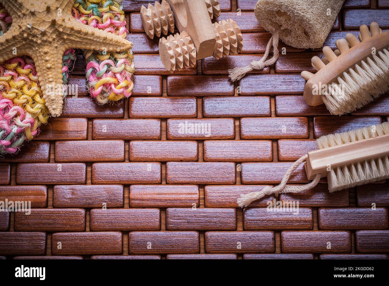 Big relaxation set on textured wooden table mat healthcare concept ...