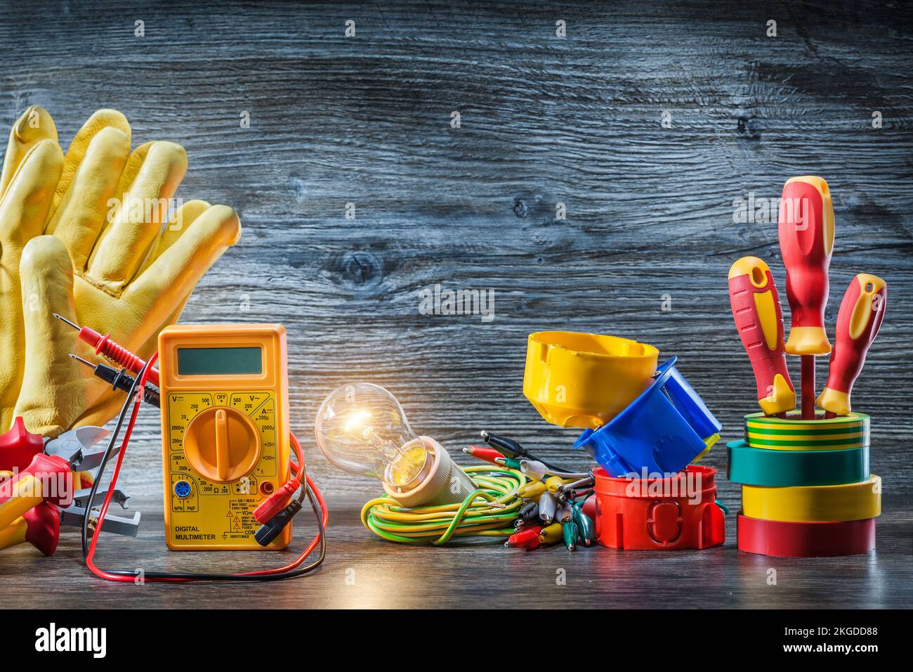 big set of electric tools on vintage wood Stock Photo - Alamy