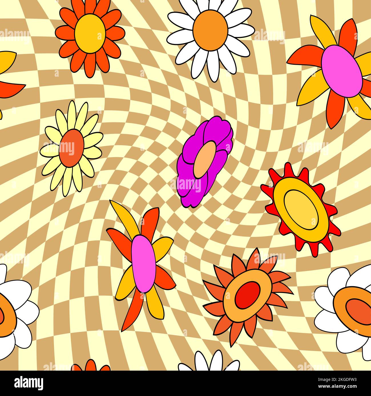 Groovy hippie flower seamless pattern. Colorful flowers trendy check ...
