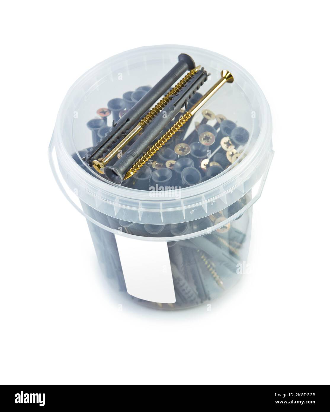 Bucket of screws label Stock Photo - Alamy