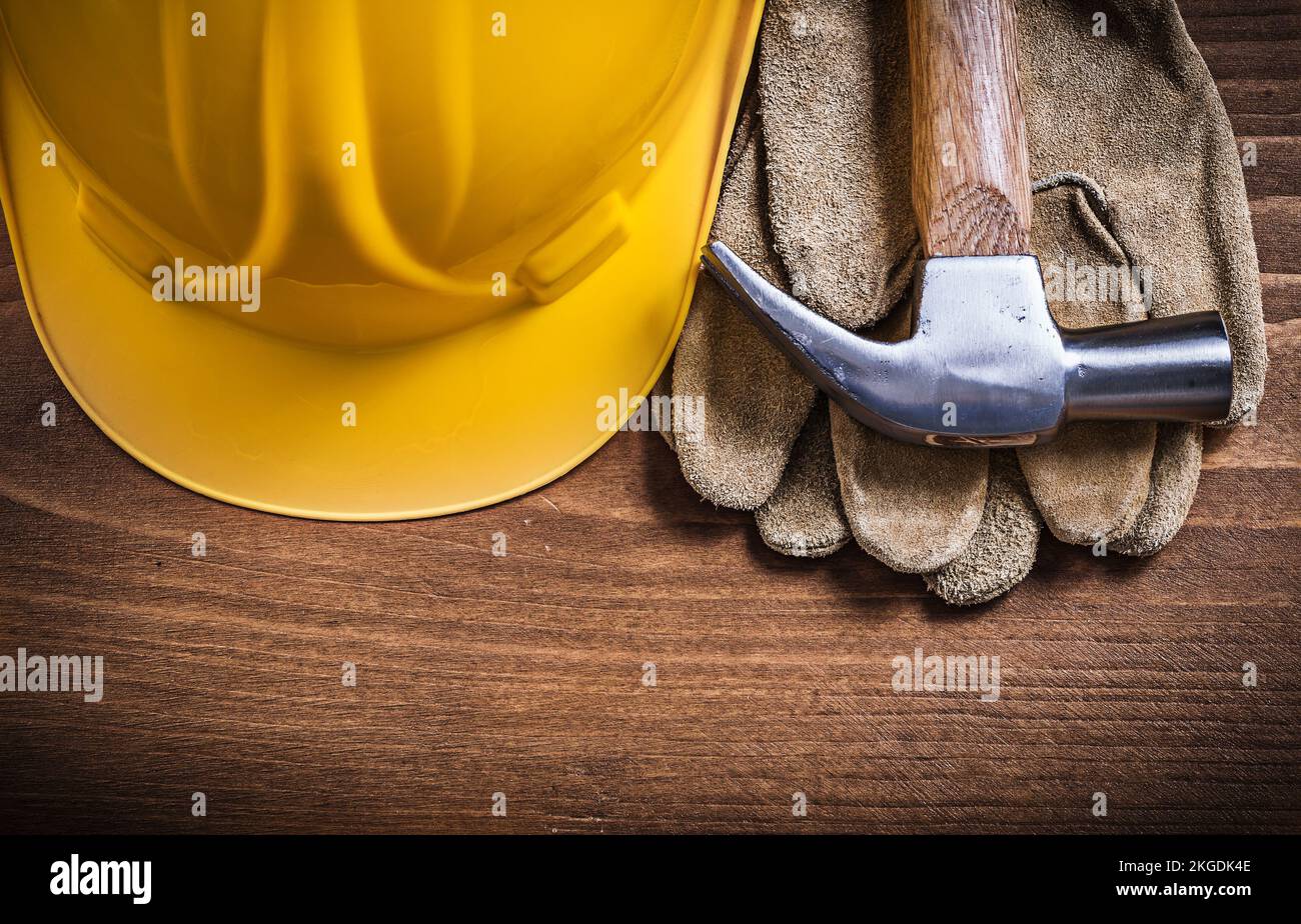 Claw hammer building helmet protective gloves construction concept ...