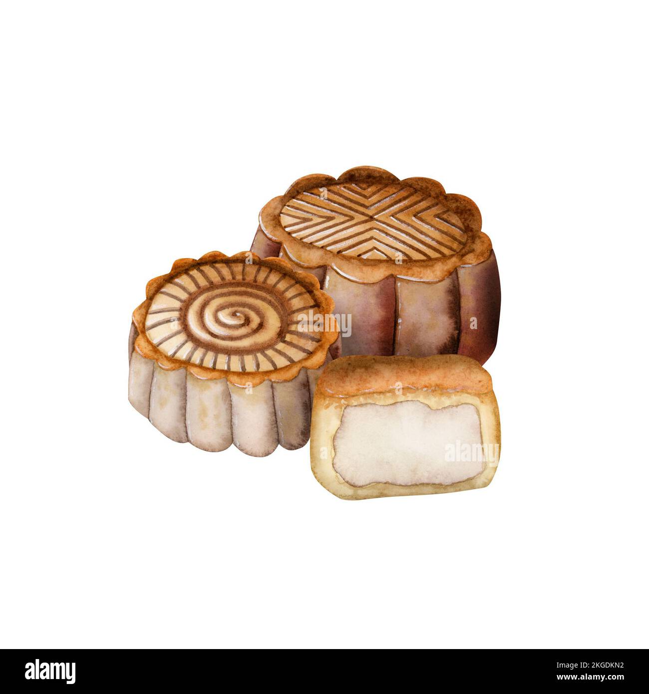 Mooncake dessert of traditional Chinese cuisine. Watercolor ...