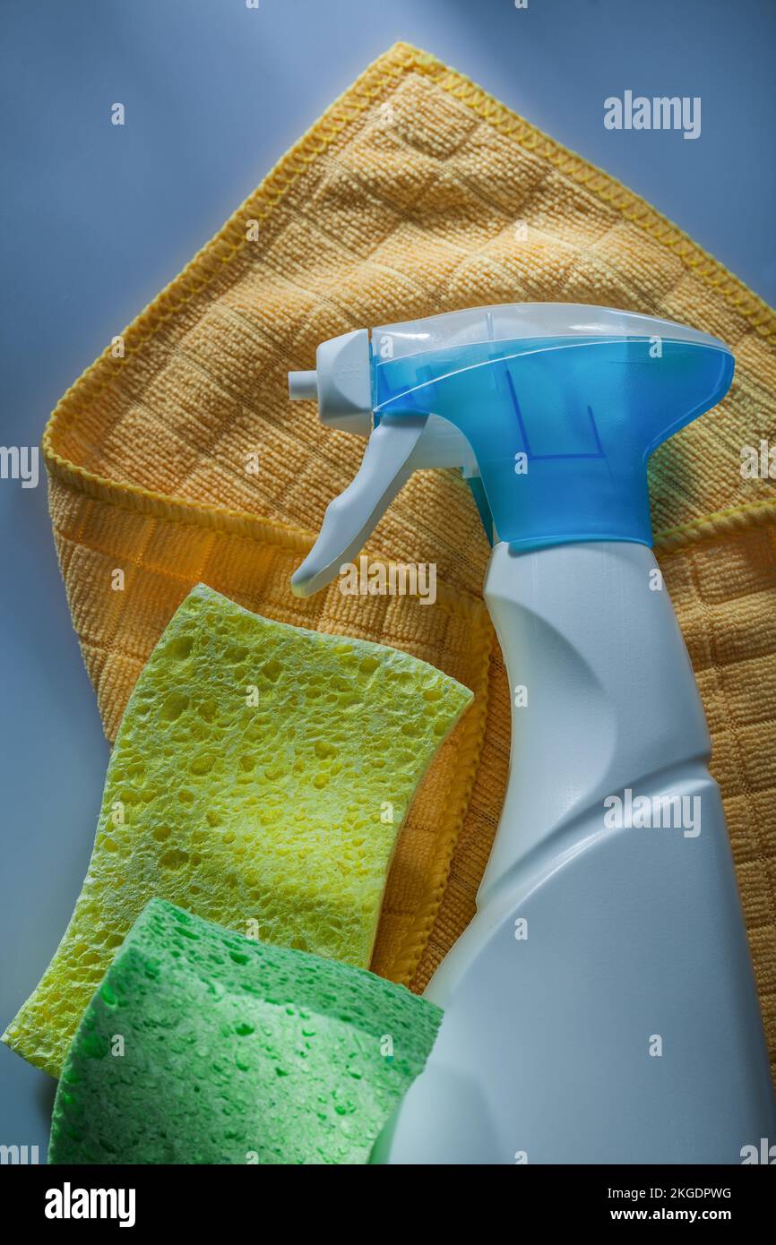 Composition of cleaning items on white background Stock Photo - Alamy