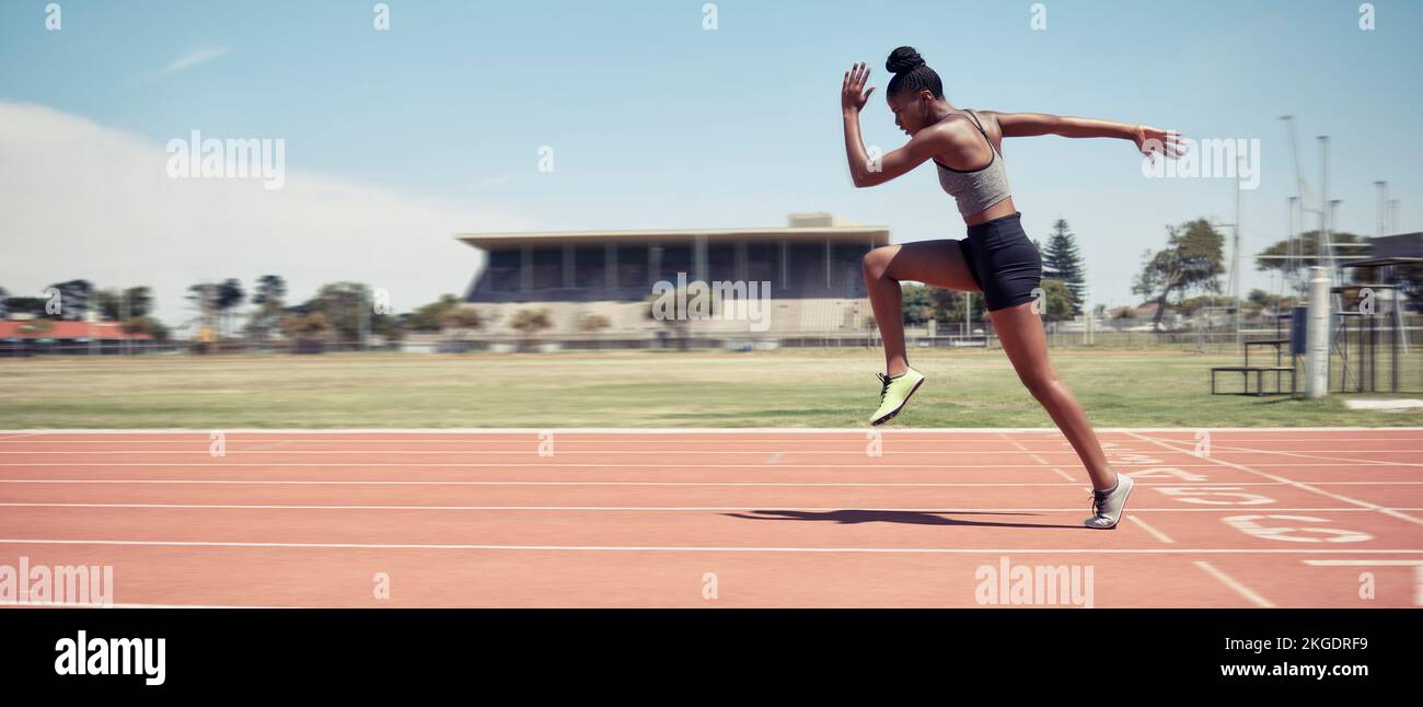 Run, black woman and running on track for marathon, fitness and workout ...