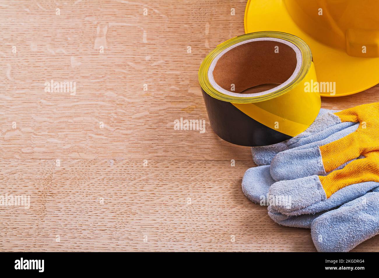 Composition of safety objects on wooden brown board construction ...