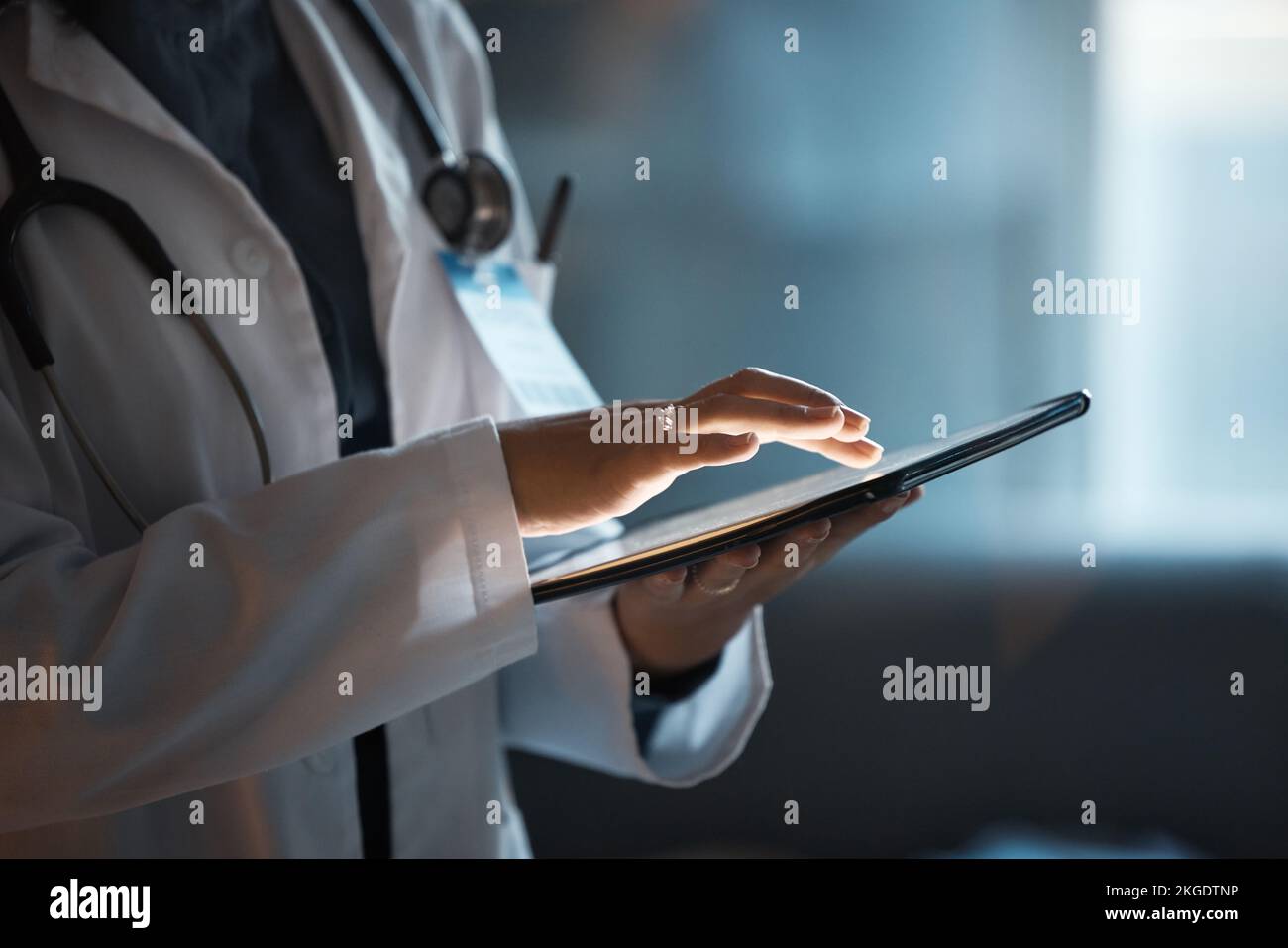 Telehealth, digital tablet and doctor hands for hospital innovation ...