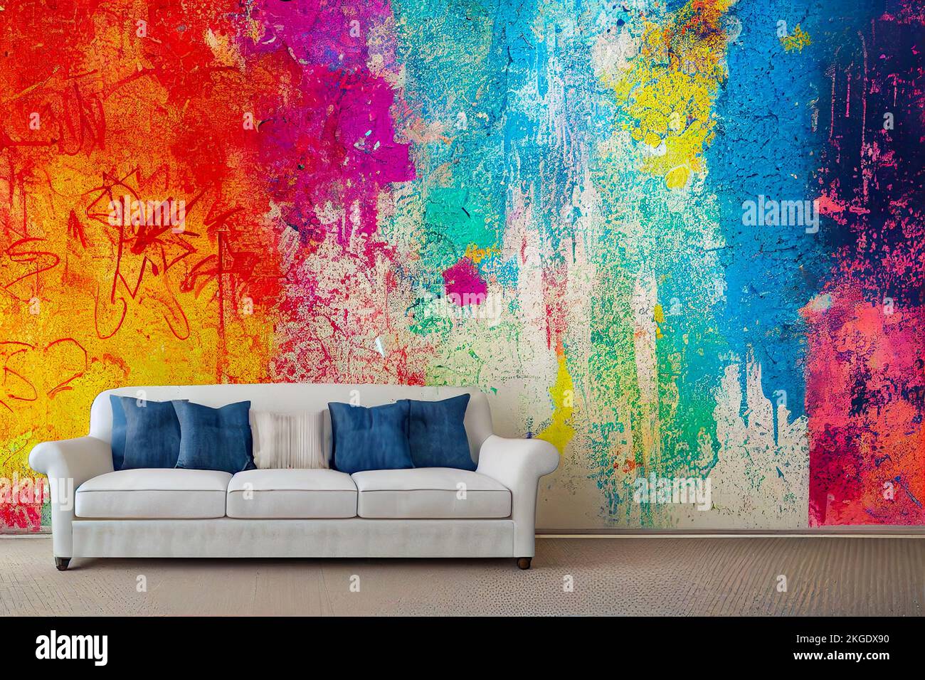 room with colorful wall illustration Stock Photo - Alamy