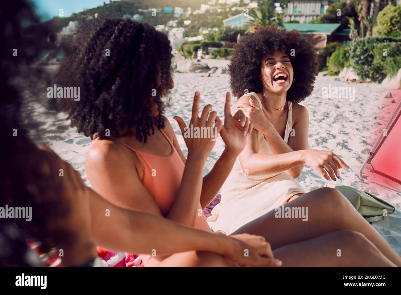 Travel, beach and funny friends on a holiday vacation in summer laughing at a crazy joke ...