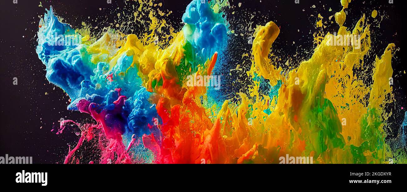 panorama Exploding liquid paint in rainbow colors with splashes header ...