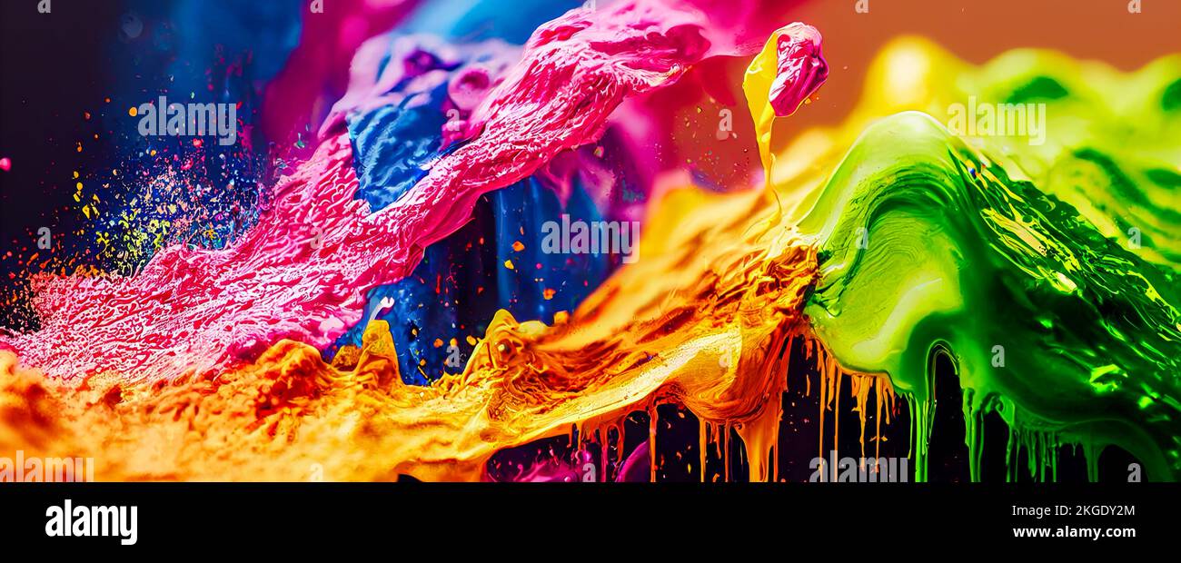 panorama Exploding liquid paint in rainbow colors with splashes 04 ...