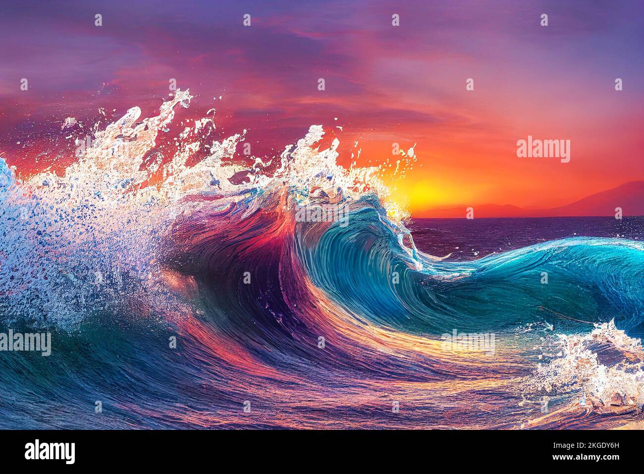 landscape with wave and colorful sky illustration Stock Photo - Alamy