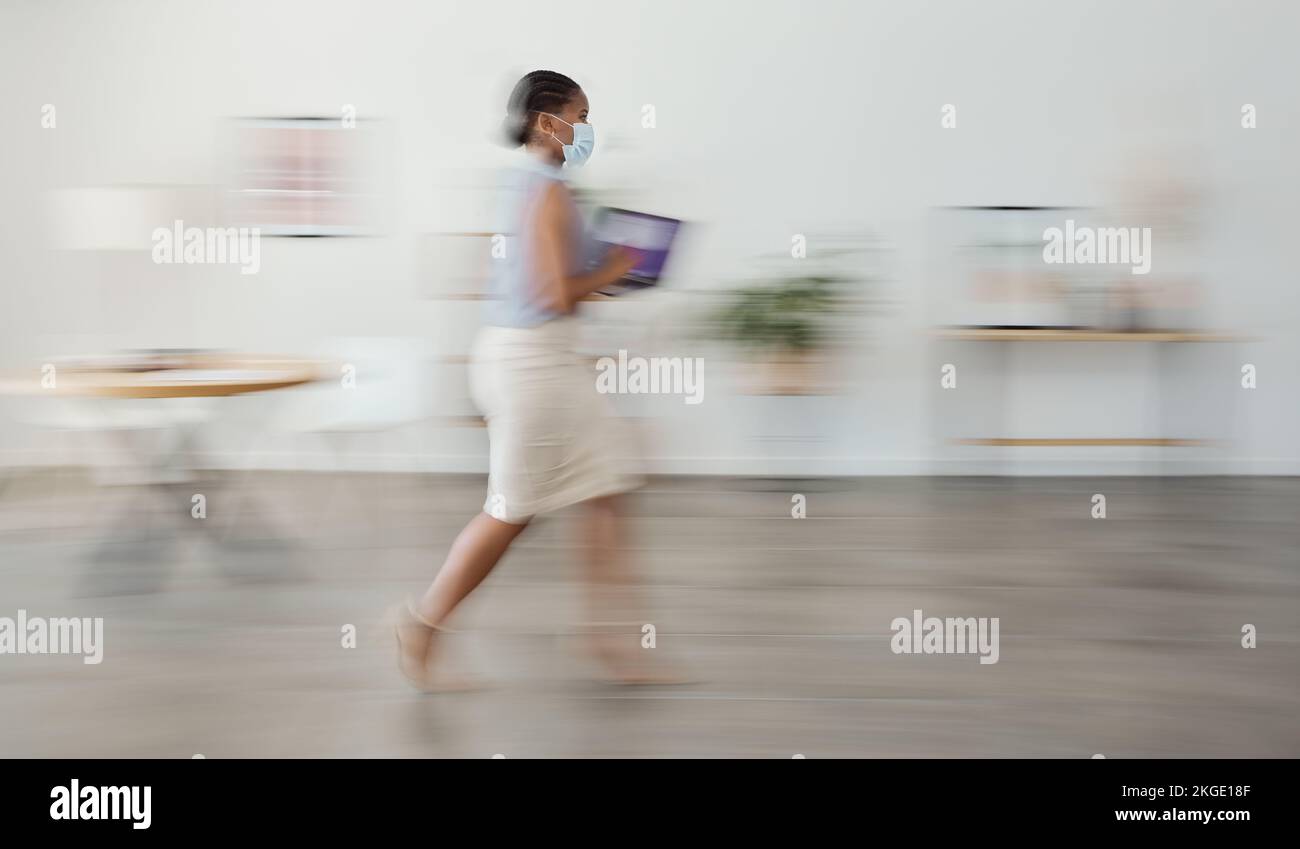 Woman, fast walking and mask in office, working or businesswoman in ...