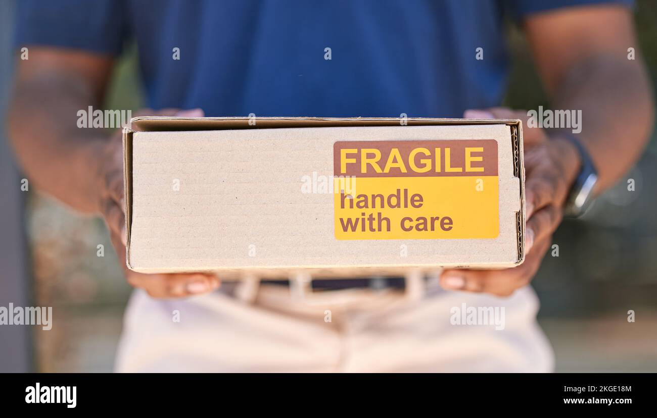 Hands, logistics and box for special delivery, cargo or handle with ...