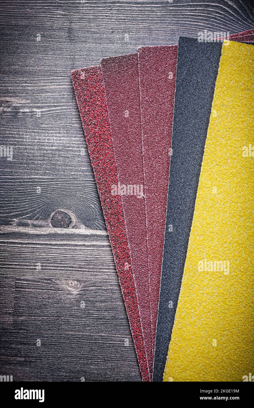 Emery paper on vintage wooden board abrasive tools Stock Photo - Alamy