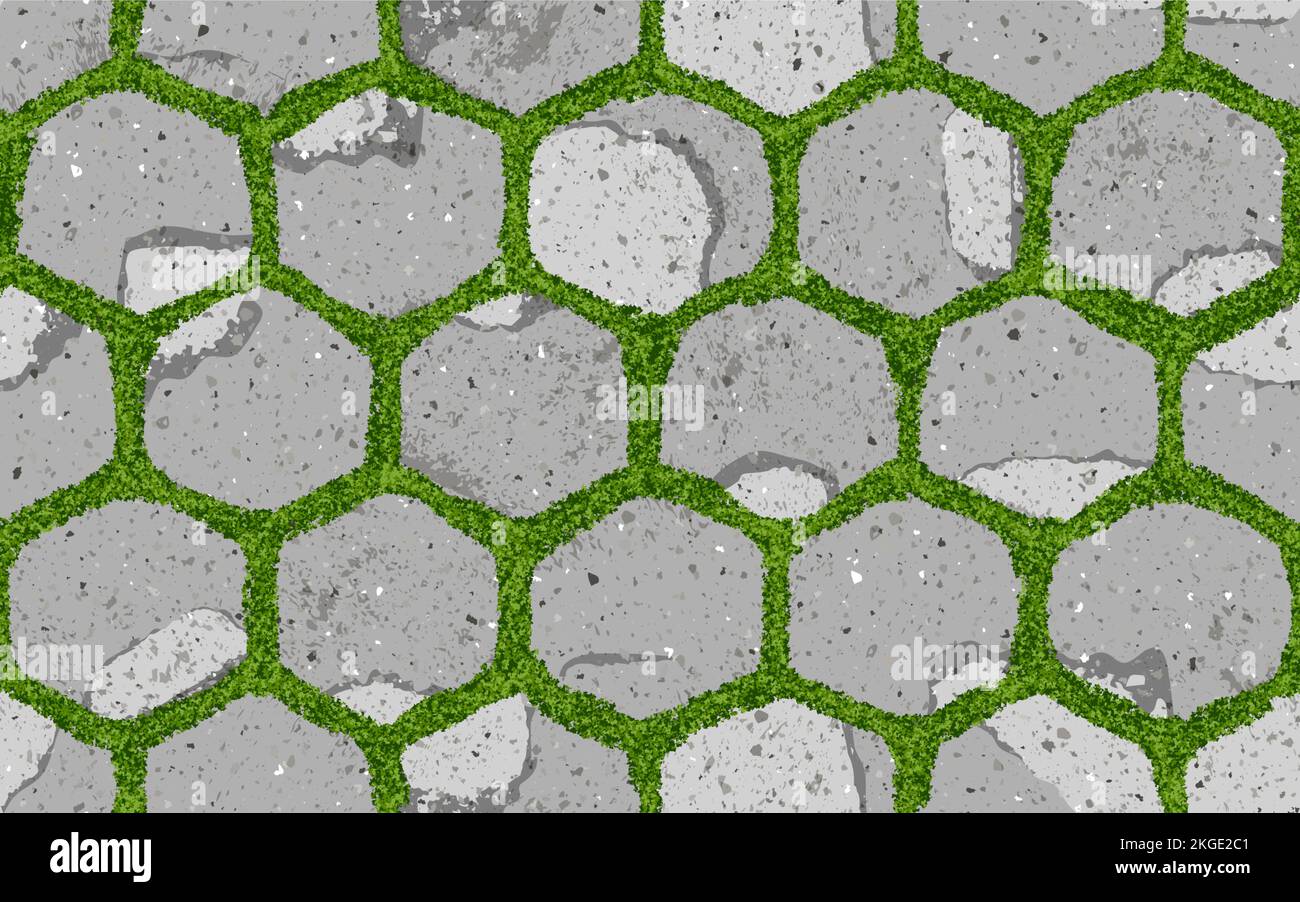 Seamless pattern of old pavement with moss and hexagon cracked textured ...
