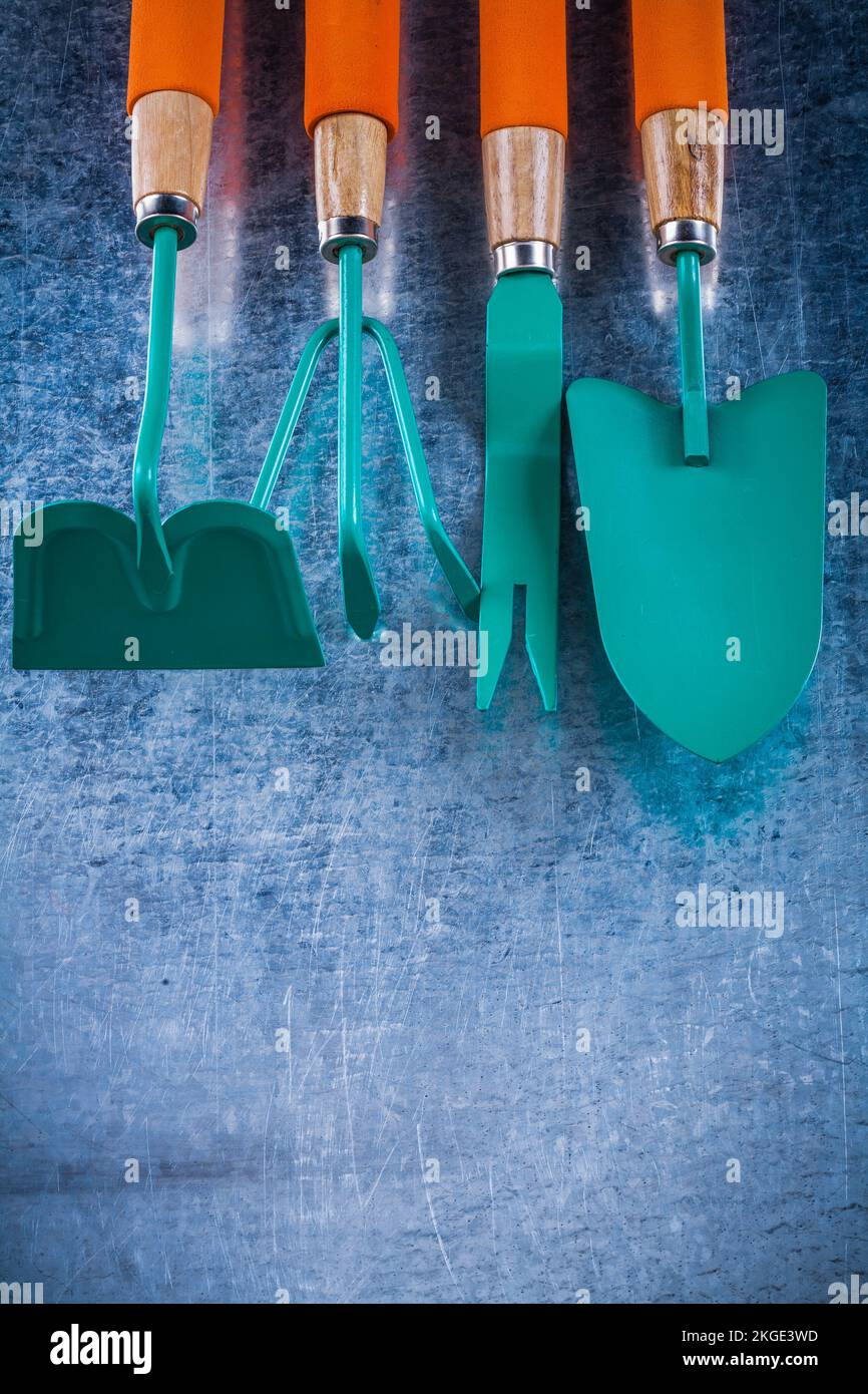 Gardening working objects on scratched metallic background agriculture concept Stock Photo - Alamy