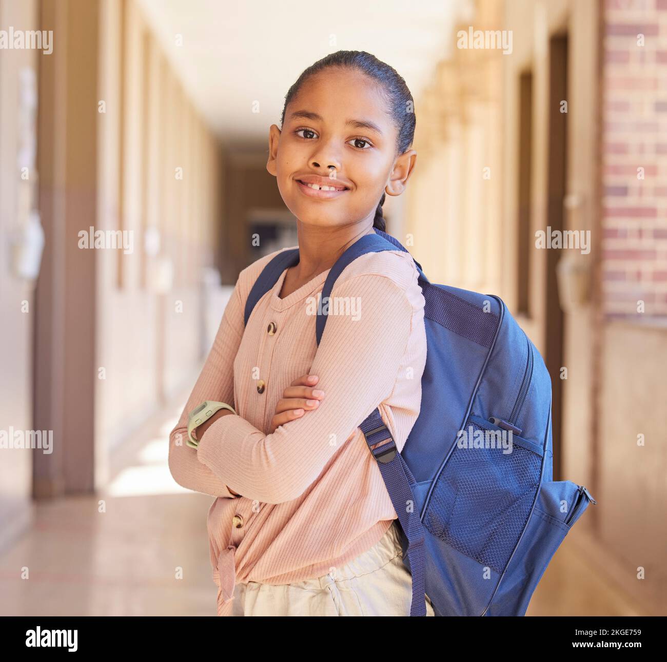 Backpack, happy and portrait of a girl at school in the hallway for ...