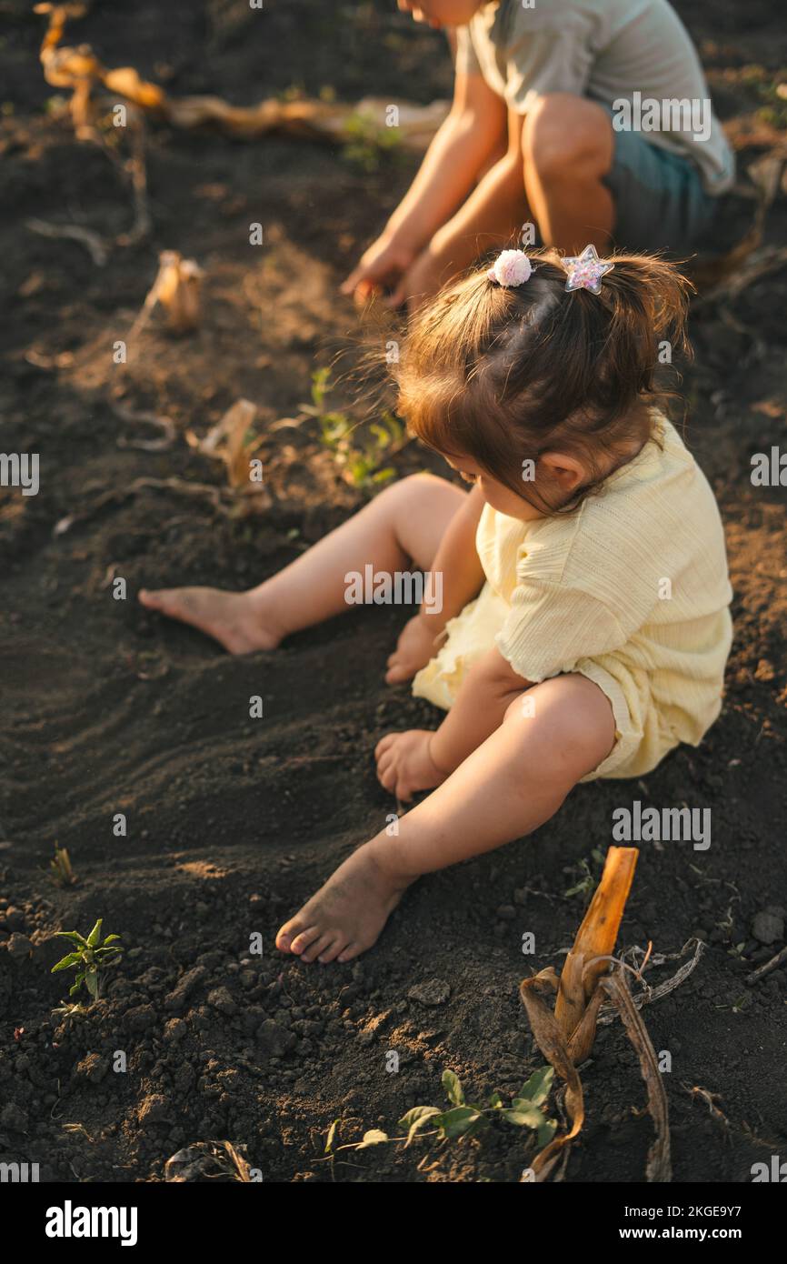 Outdoor portrait of two cute kids playing with earth soil in a garden ...