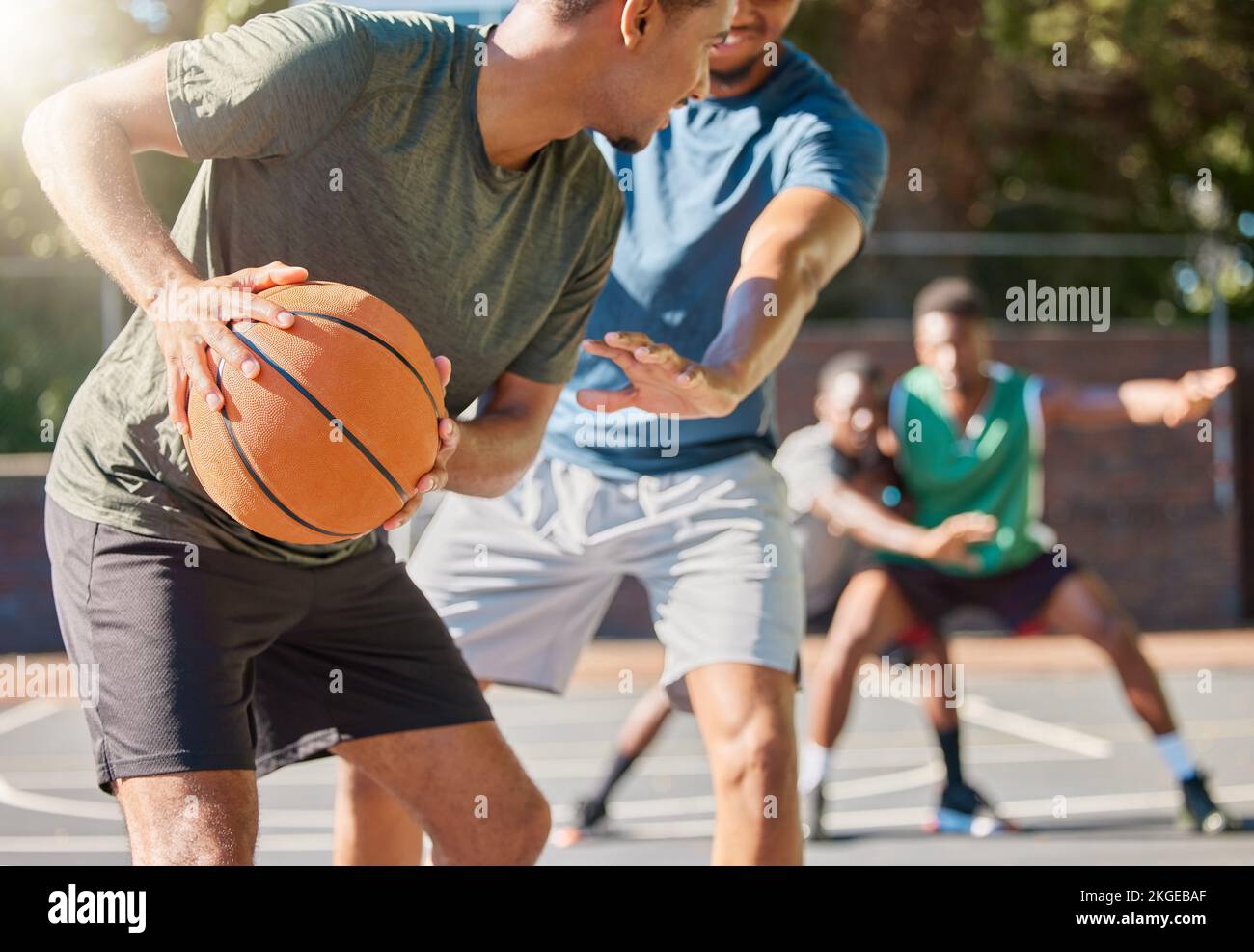 Basketball, team and training block on court for competition, game plan ...