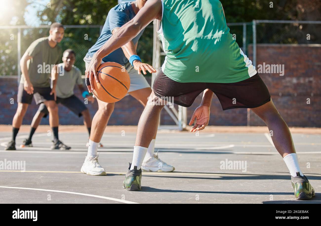 Sports, training and teamwork with friends on basketball court for ...