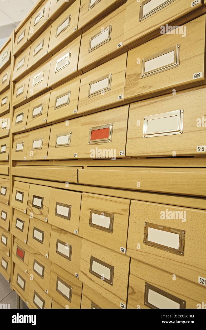 library wooden card catalog closeup Stock Photo - Alamy