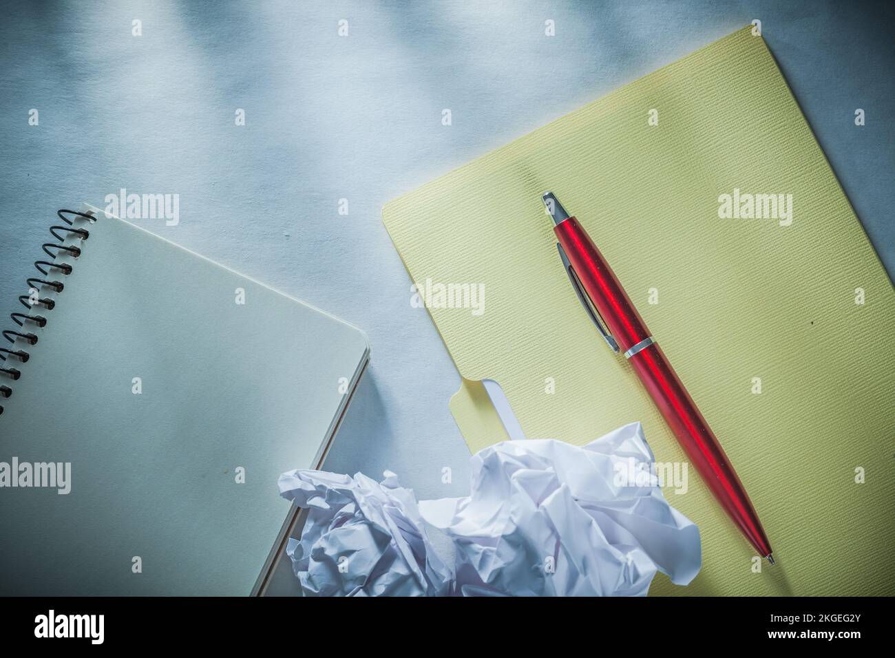Notebook paper folder crumpled sheets ballpoint pen Stock Photo - Alamy