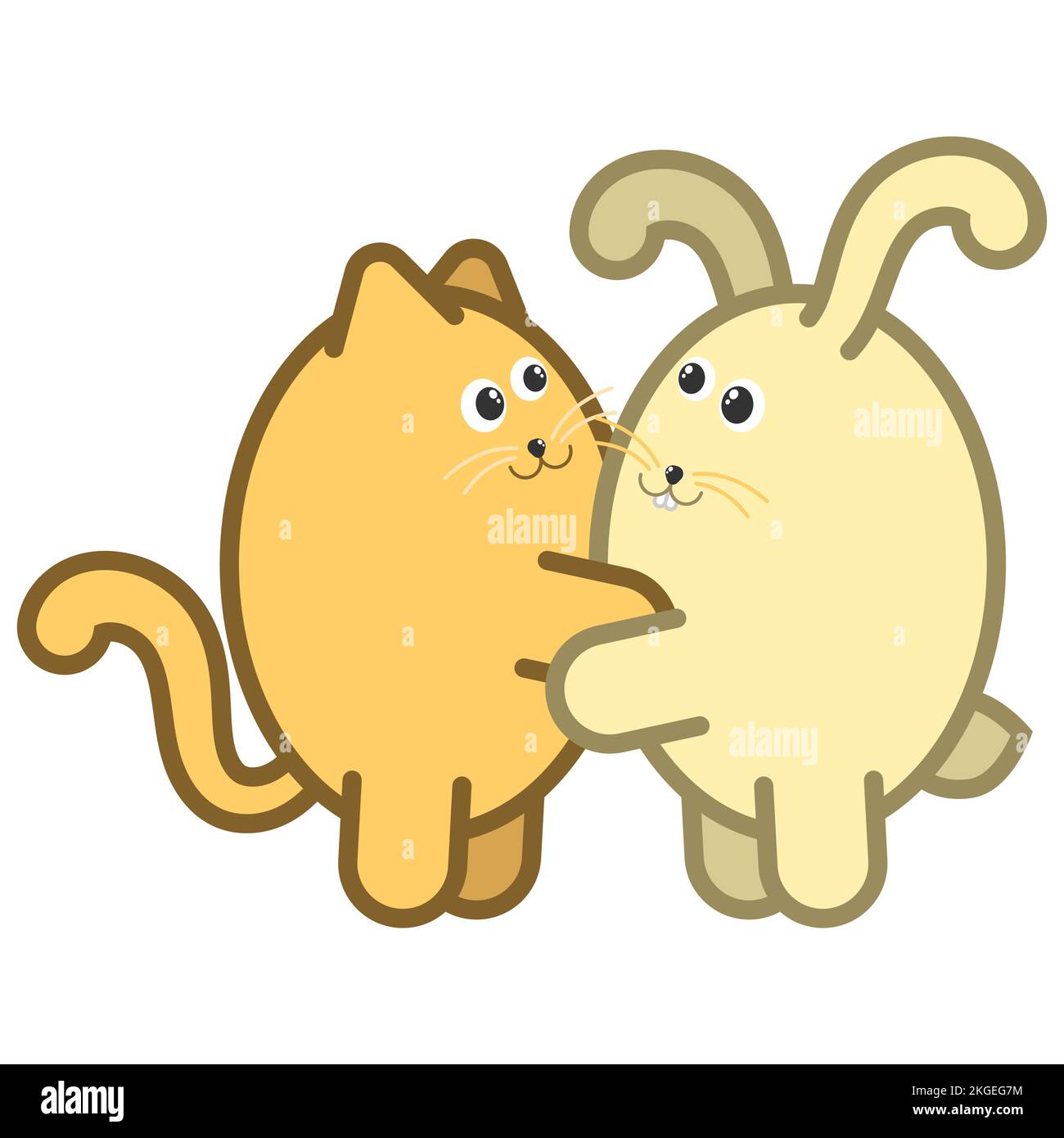 Small fluffy kitten and rabbit with long ears hug each other. Symbols ...