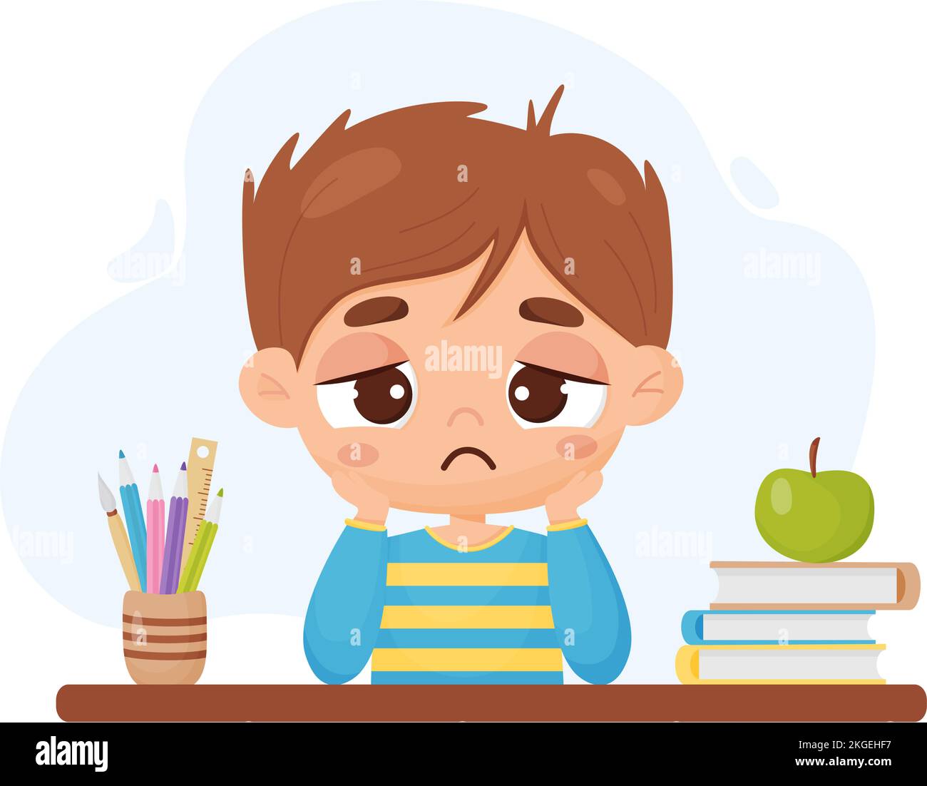 Sad pensive boy at table with books and stationery, pencils. Vector ...