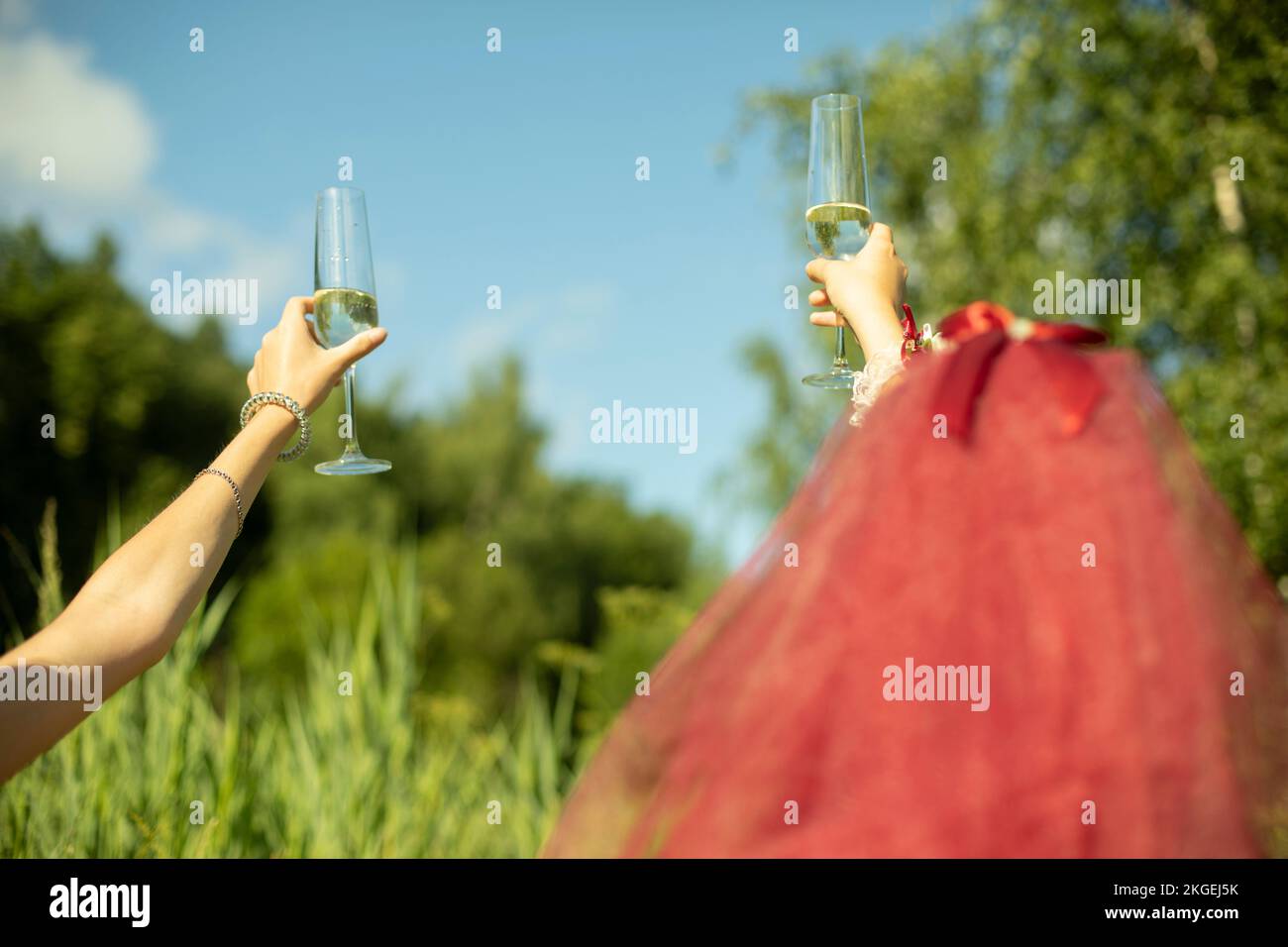 Girls raised glasses of champagne. Alcohol in hand. Drinks at party ...