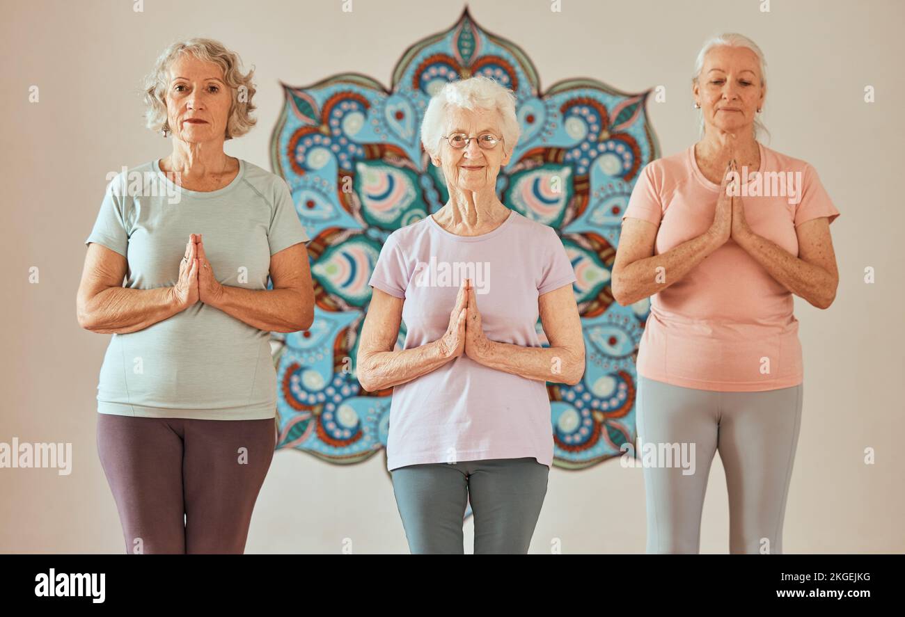 Senior, women and meditation with yoga and prayer pose for chakra ...
