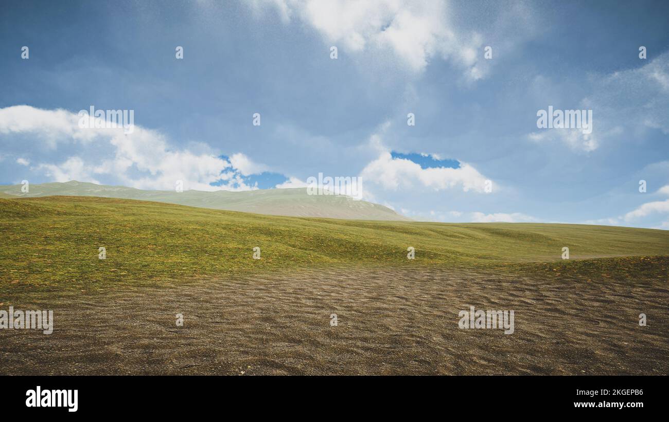 3D rendering. Natural environment of a green island with no trees ...