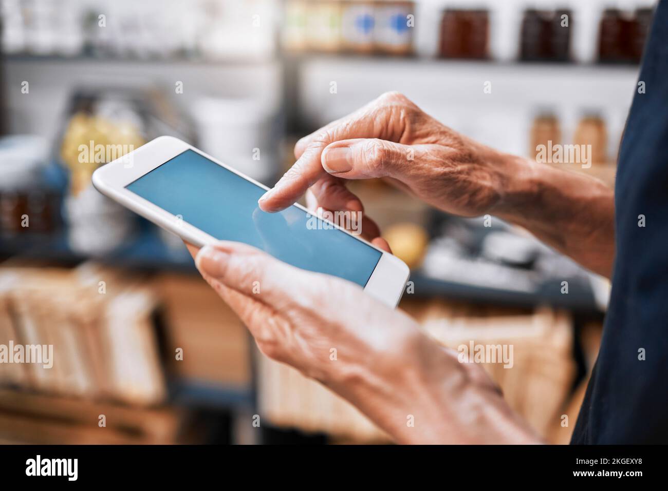 Blank screen, mockup tablet screen and hands on digital technology ...