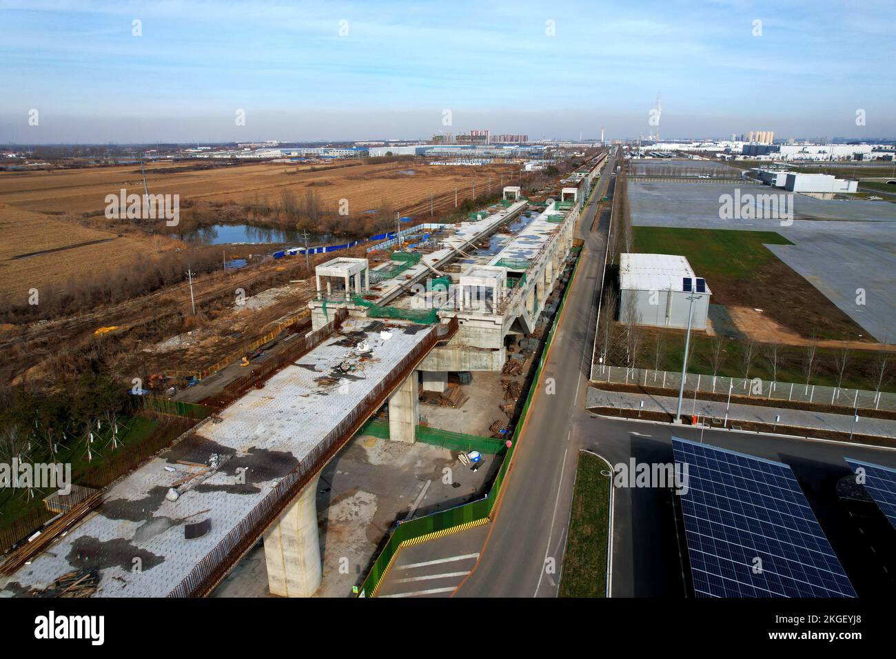 Aerial photo shows the elevated line and elevated station of Metro Line ...