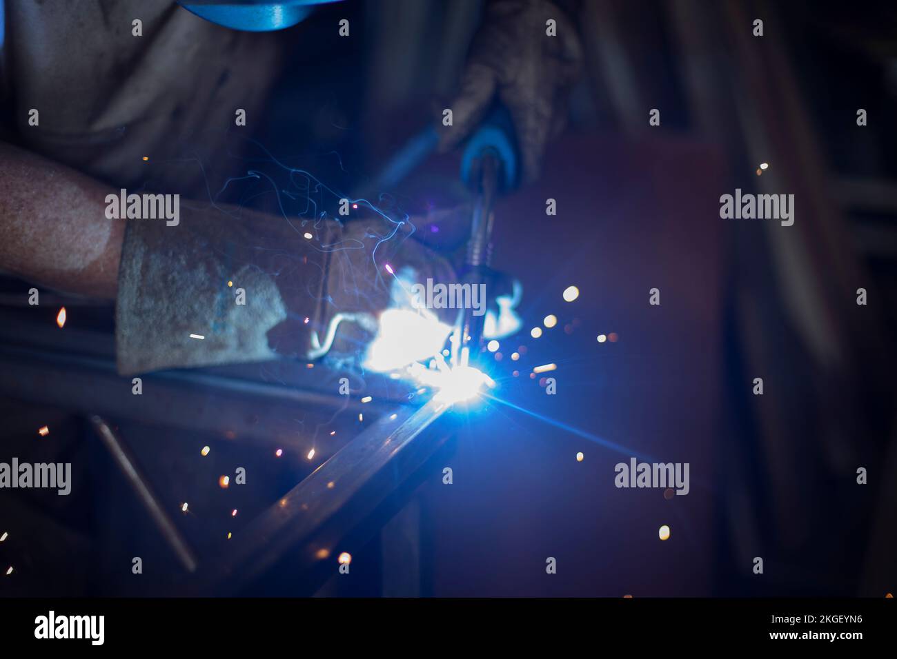 Steel welding. Metal seam welding. High temperature blue. Metal work ...