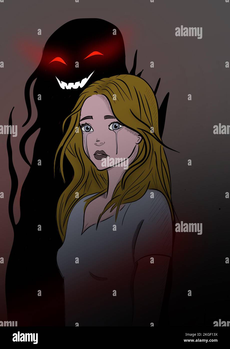 woman fear and crying with imaginary ghosts flying around her Mental ...