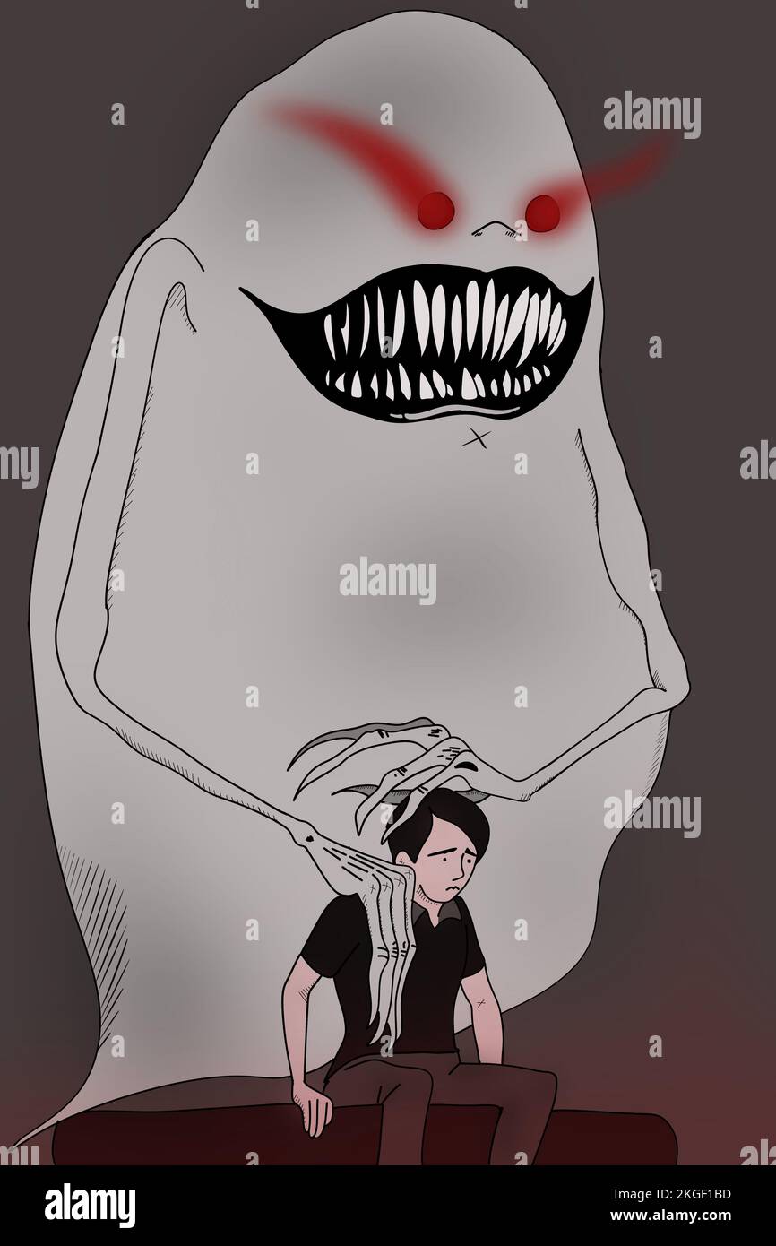 Sad young man with monster behind. Disorder problem, sad crying man in ...