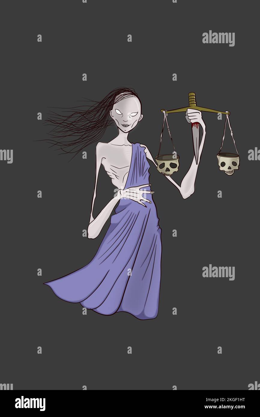 Scary thin woman is holding an old weight scale in hand. Anorexia ...