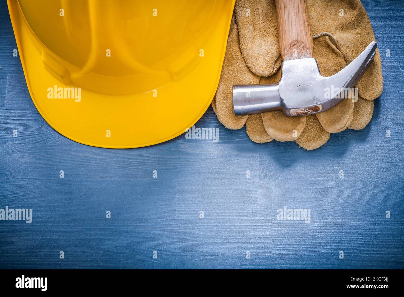 Set of building helmet claw hammer protective gloves construction ...