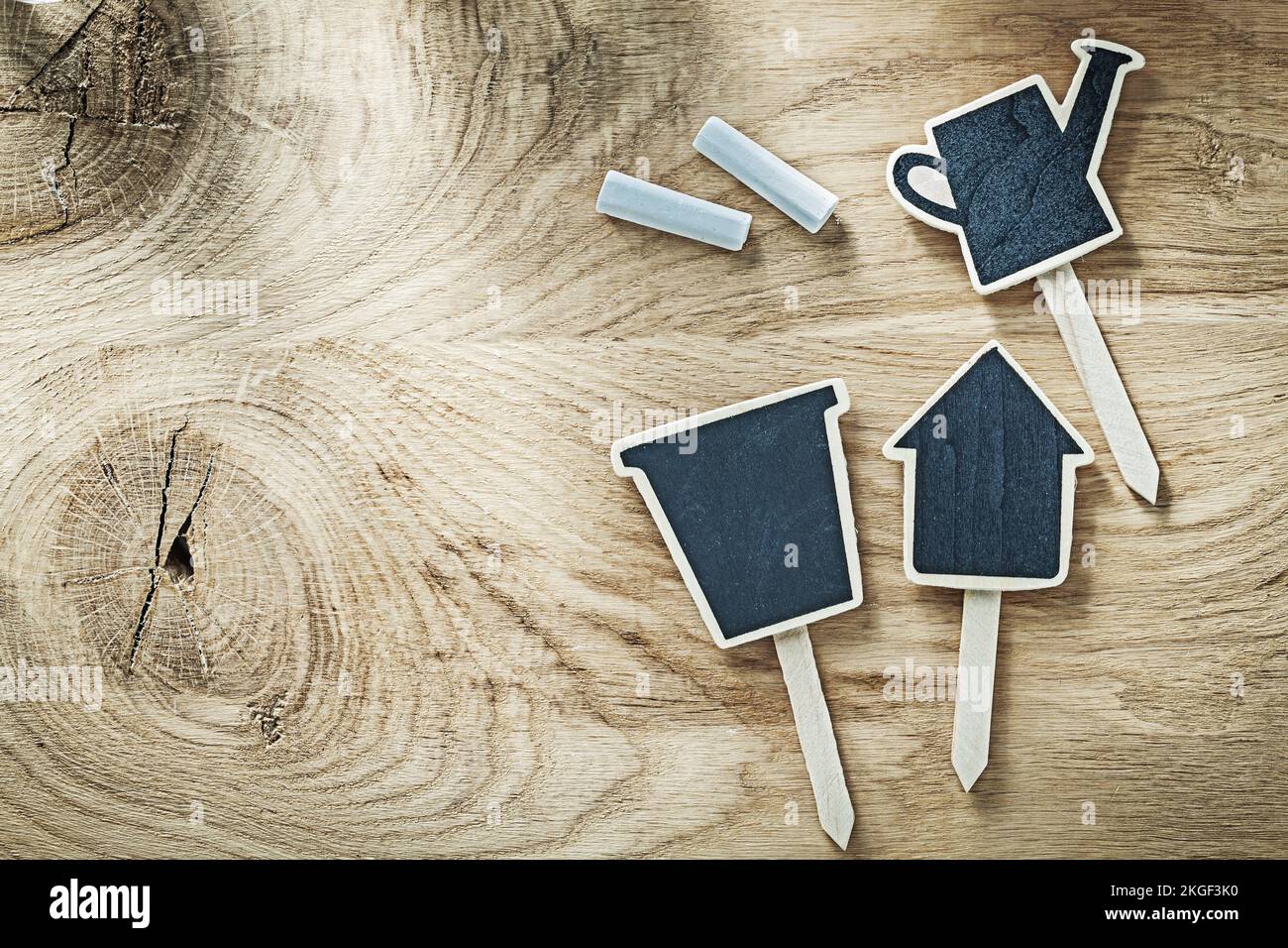 Set of black wooden chalkboard price sign tags on wood board gardening ...