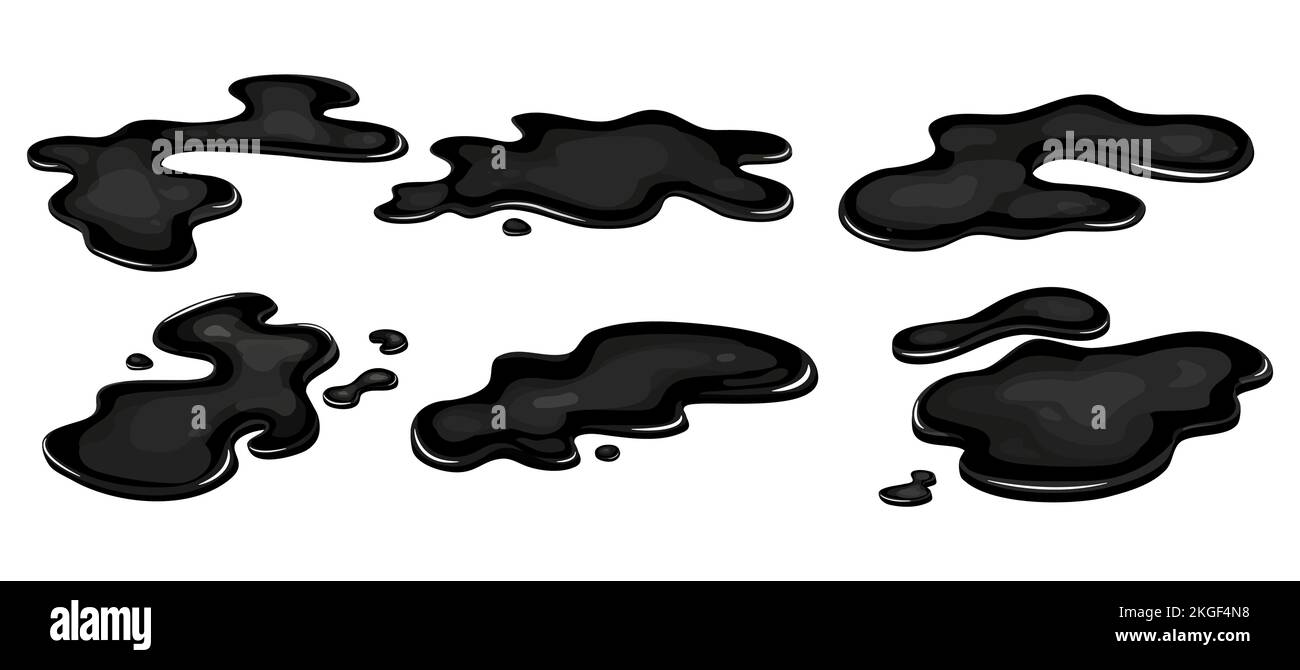 Set of Spill of black oil puddle industry. Stain ink drop of petrol ...