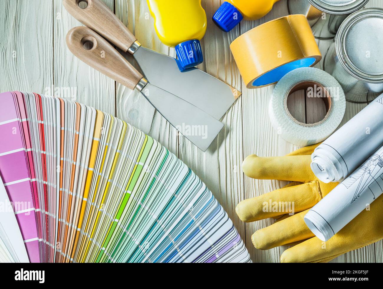 set of painting tools on white wooden background Stock Photo - Alamy